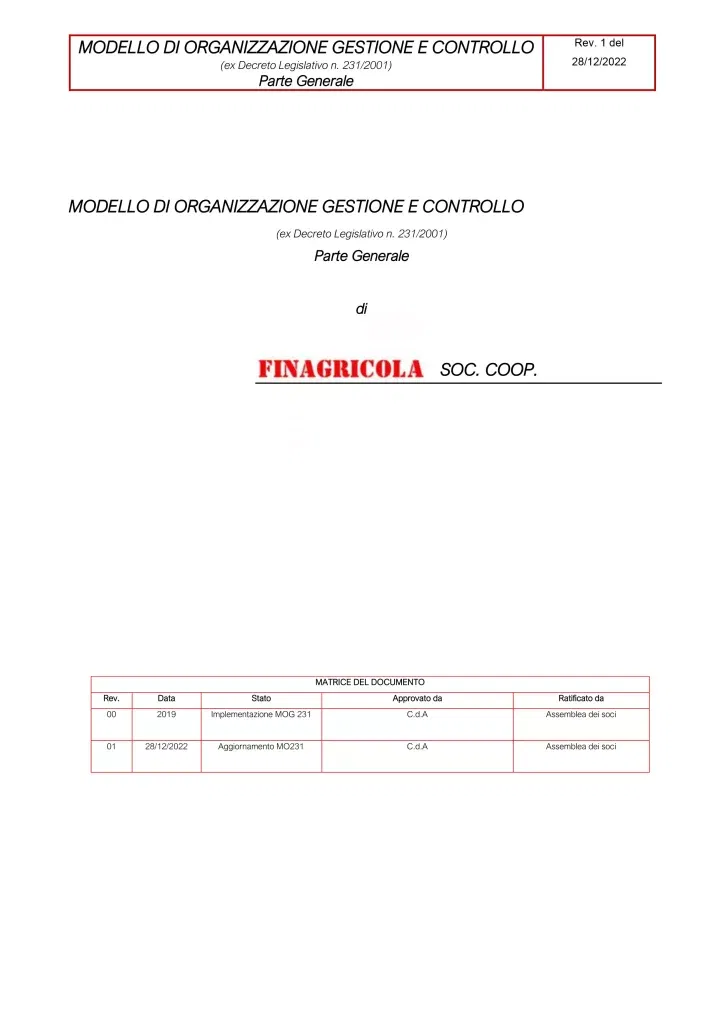 Modello 231/2001 - Finagricola